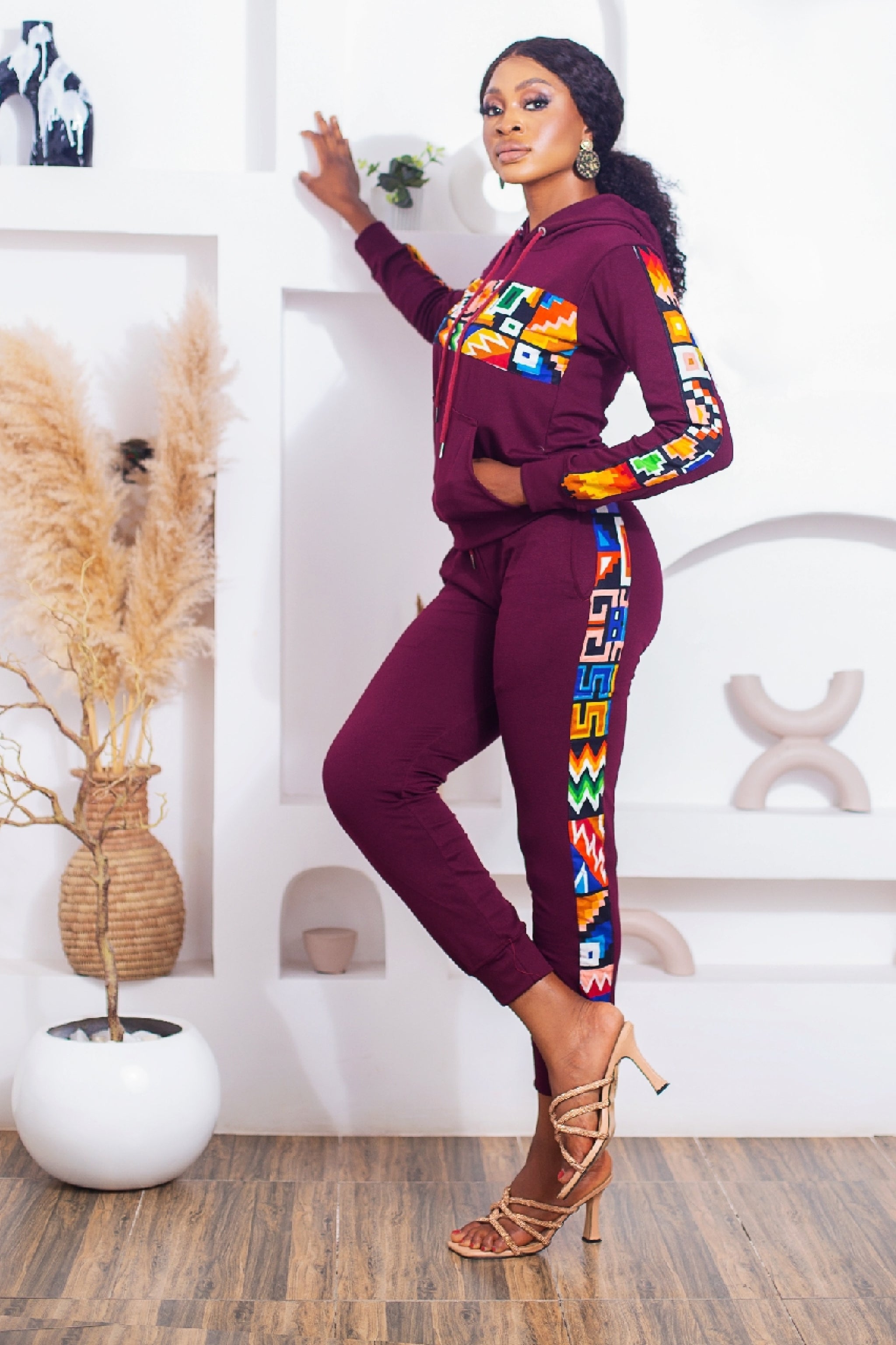 Nala African Print Jogger Set (Wine) - NIKI KAY